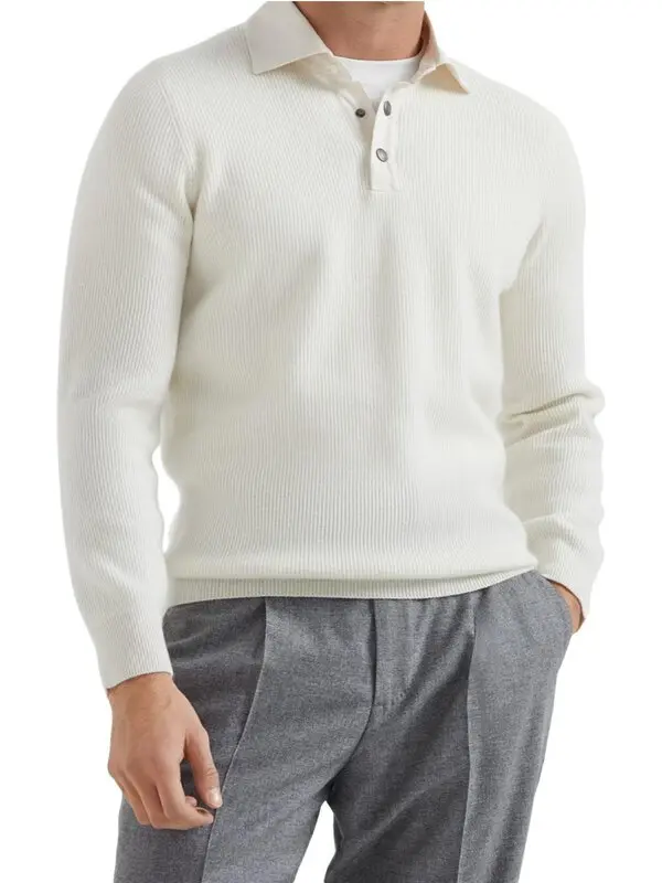 Brunello Cucinelli English Rib Knit Twill Spread Collar Polo Shirt - White