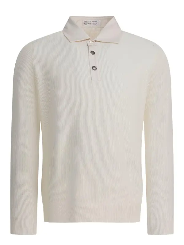 Brunello Cucinelli English Rib Knit Twill Spread Collar Polo Shirt - White