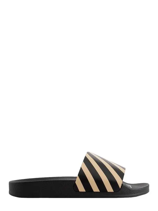 Off-White Diagonal Stripe Print Slides - Black