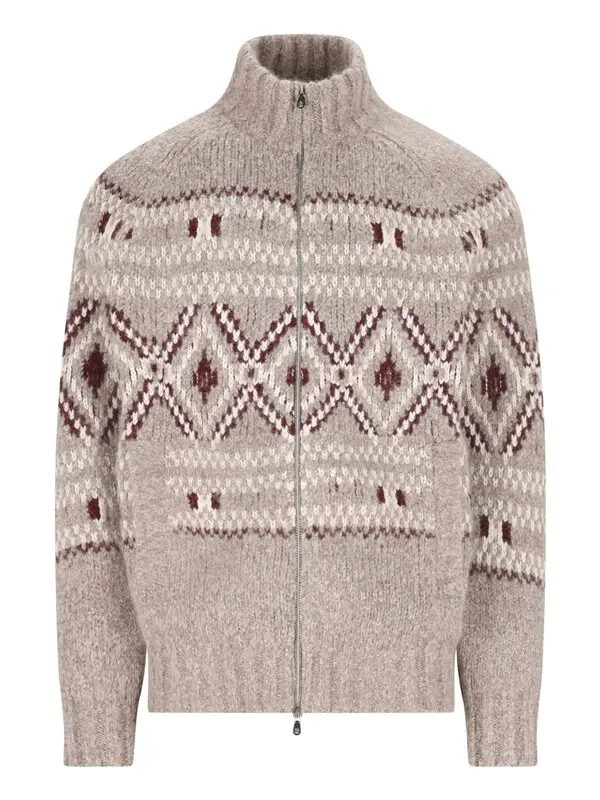 Brunello Cucinelli High Neck Graphic Pattern Zip-up Cardigan - Nude