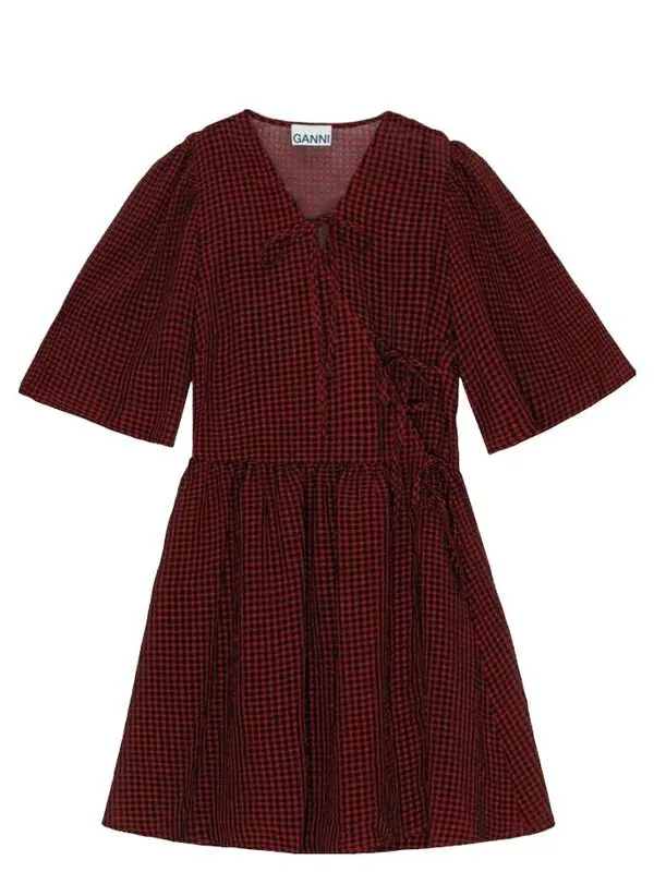 GANNI Sheer Tie String Wrap Dress - Winery