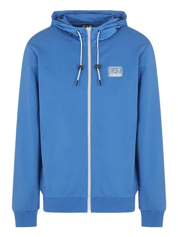 EA7 Cotton Zip-up Hoodie With Logo Patch - Blue