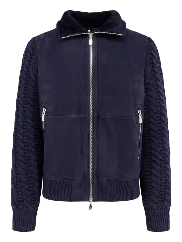 Brunello Cucinelli High-neck Zip-up Bomber Jacket With Cable Knit Sleeves - Black
