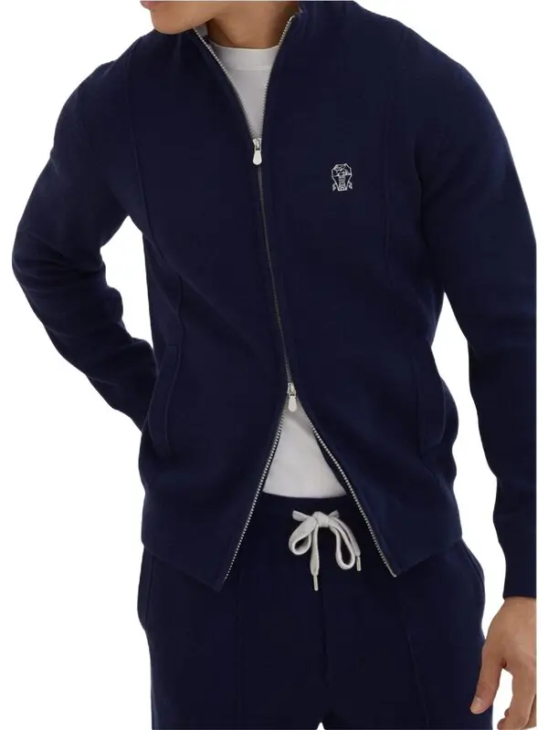 Brunello Cucinelli Zip-front Embroidered-logo Cardigan - Black