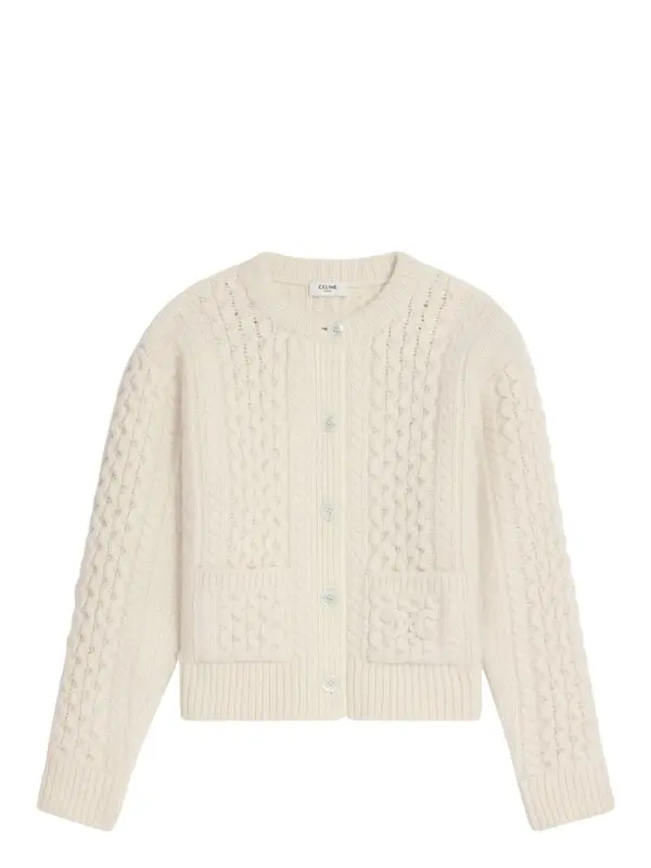 Celine Triomphe Cardigan In Aran Wool - Off-white