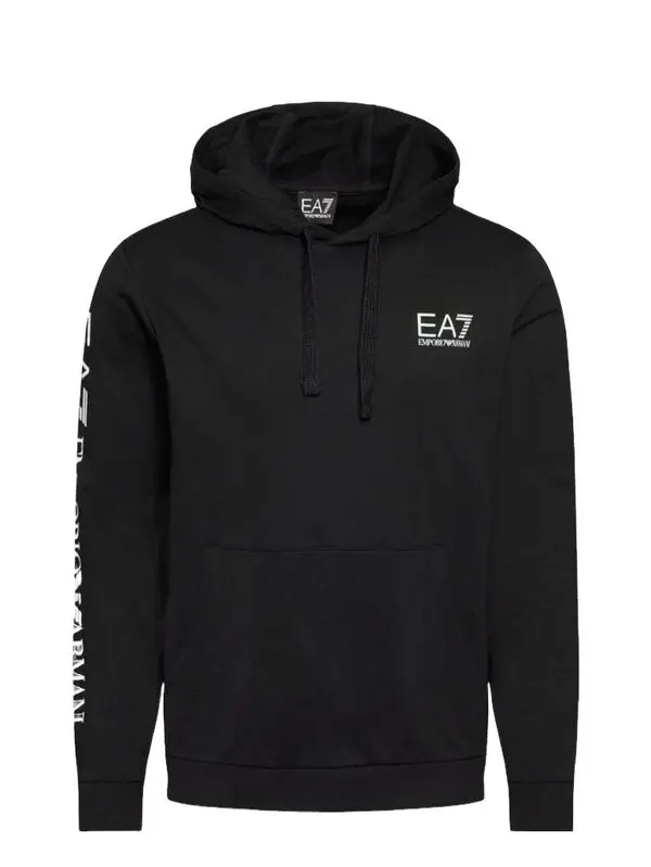 EA7 Logo Print Cotton Hoodie - Black