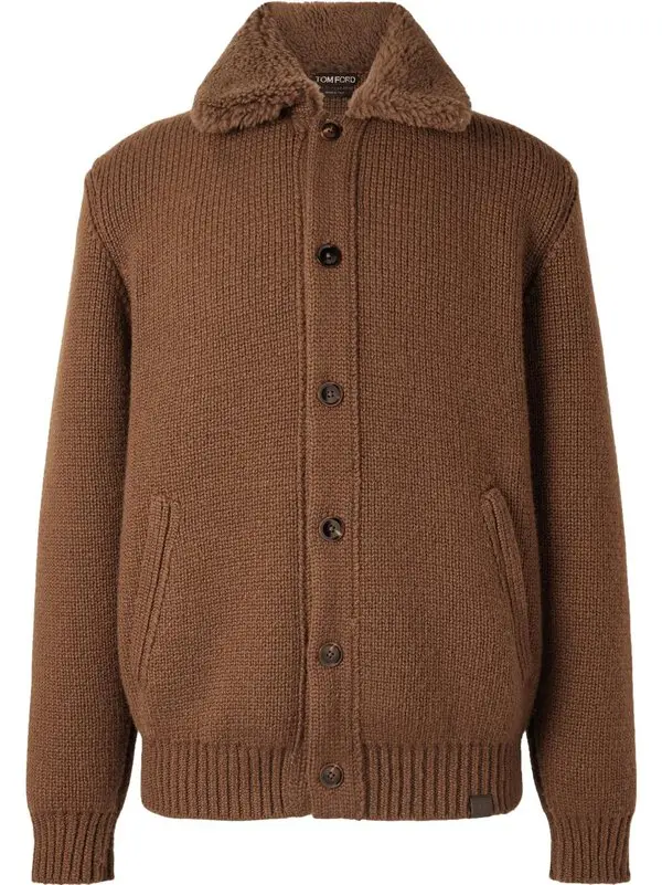 TOM FORD Ribbed Bouclé-trimmed Cashmere Cardigan - Brown