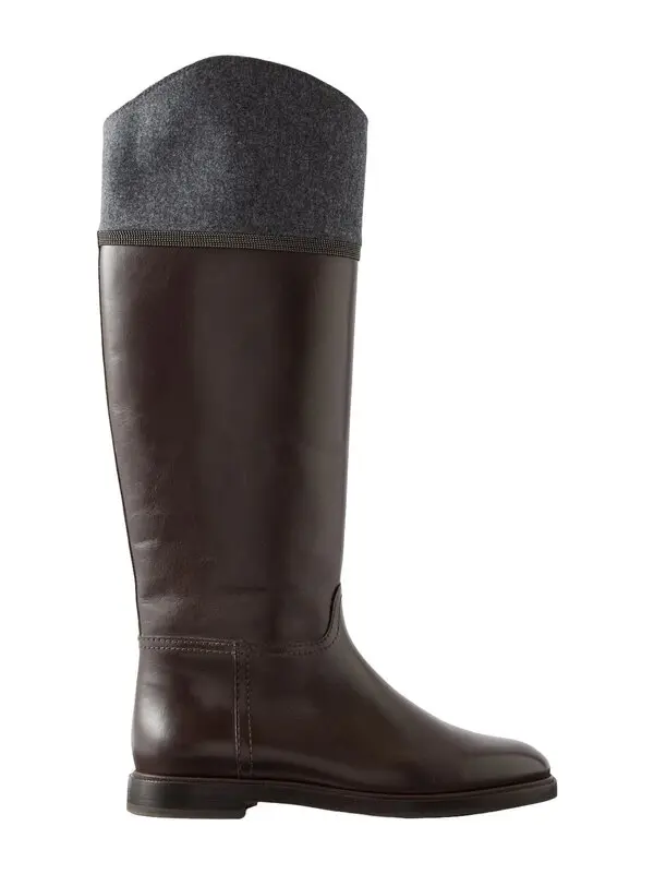 Brunello Cucinelli Leather And Wool Zip-up Boots With Monili Beading - Brown