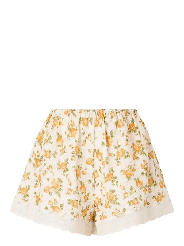 Miguelina Celestine Floral Print Lace Trimmed Linen Shorts - Orange