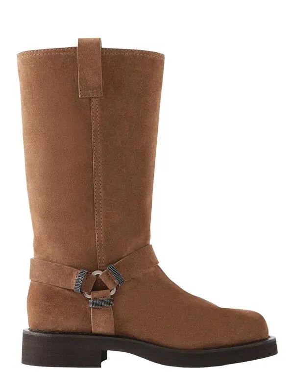 Brunello Cucinelli Embellished Suede Biker Boots - Brown