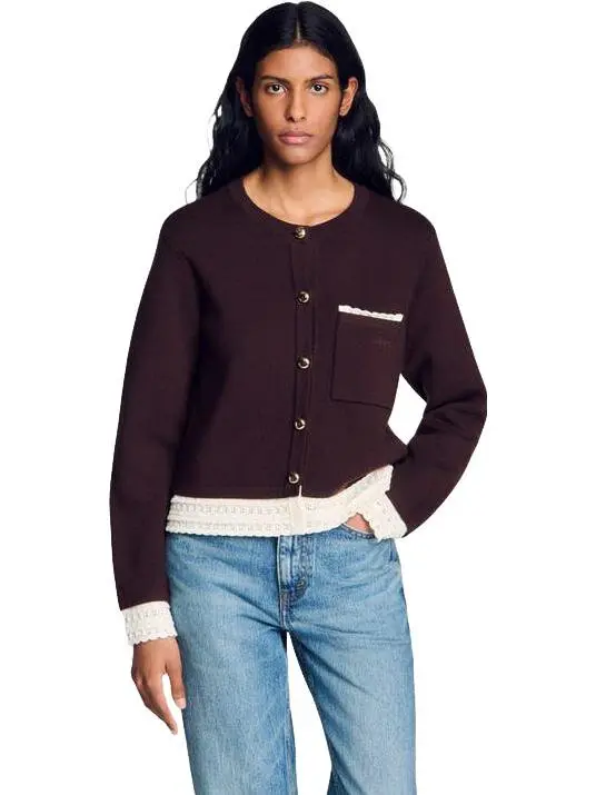 Sandro Cardigan With Lace Trim - Brown