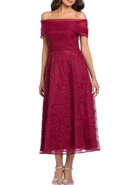 Betsy & Adam Embroidered Off-the-shoulder Midi Gown - Wine