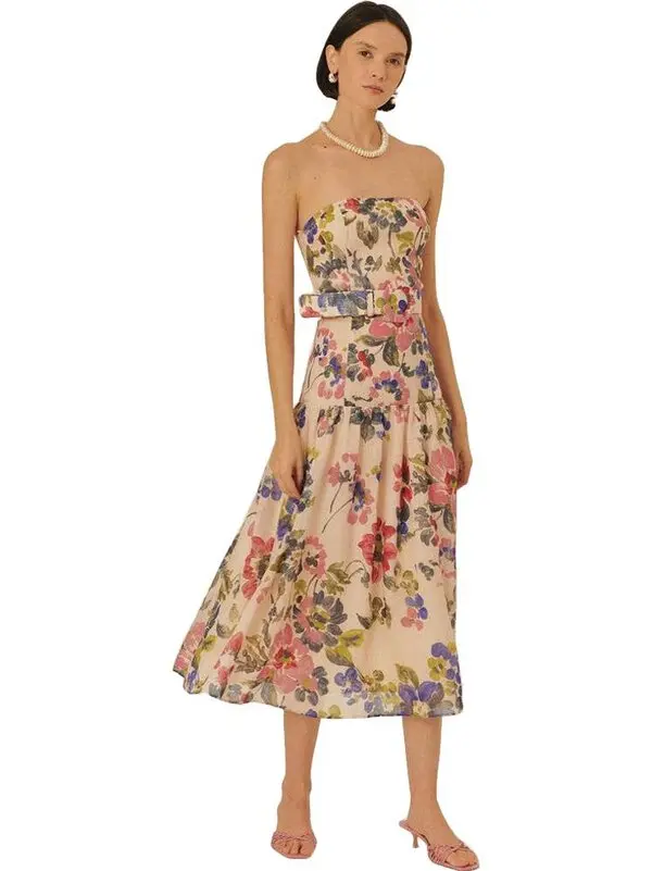 EXQUISE Strapless Floral Midi Dress With Belt - Beige