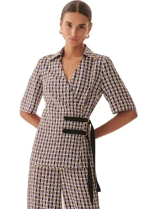 EXQUISE Madeline Belted Wrap Shirt - Blue Patterned