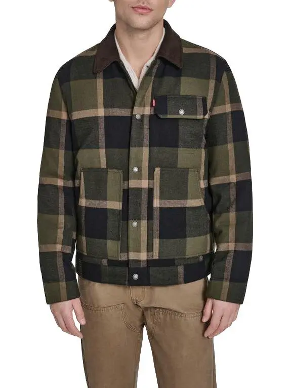 LEVI'S Quilted Plaid Work Jacket With Corduroy Collar - Olive/black