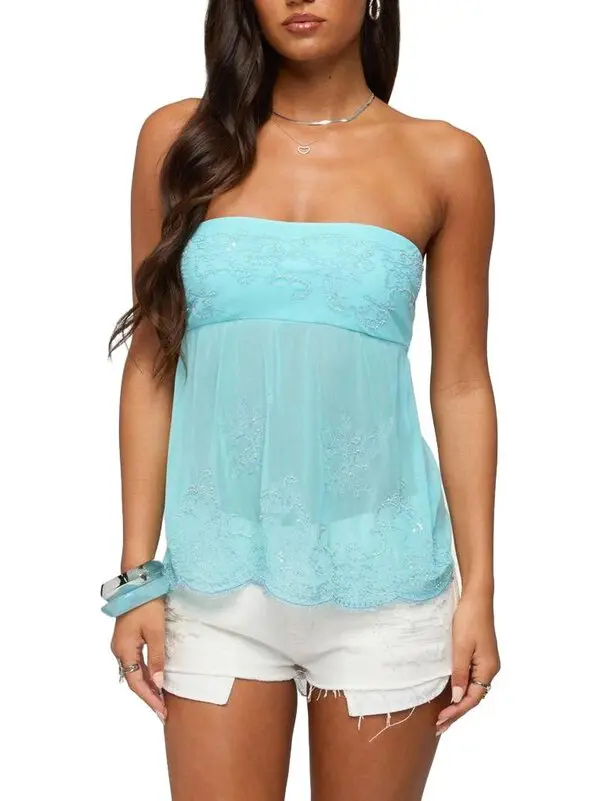 EDIKTED Corra Rhinestone Lace Strapless Top - Aqua