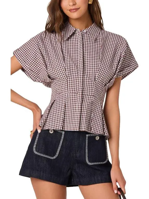 Astr The Label Beck Gingham Cotton Peplum Top - Brown Gingham