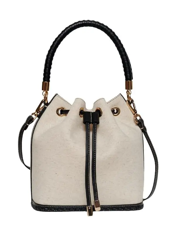 SAONARA BRAND Saonara Bucket Bag With Linen And Leather Details - Black