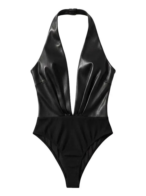Andamane Faux Leather Halter Neck Bodysuit With Mesh Bottom - Black