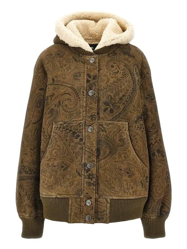 Etro Suede Leather Jacket With Paisley Motif - Khaki