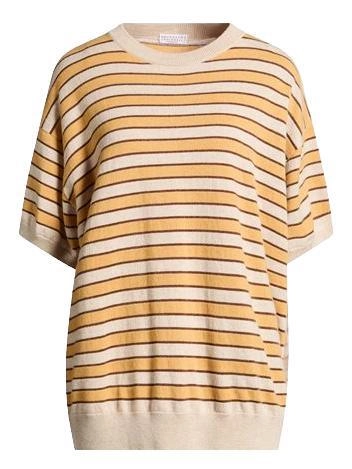 Brunello Cucinelli Striped Cashmere, Viscose, And Metallic Polyester Crewneck Sweater - Beige