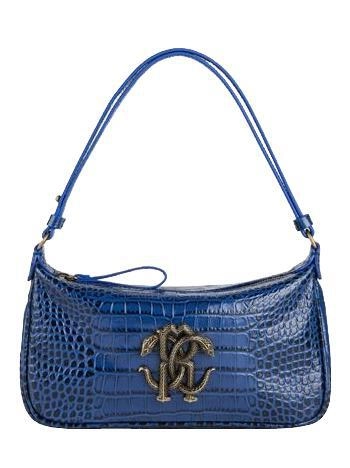 Roberto Cavalli Snakeskin-print Leather Baguette Bag With Logo Embellishment - Blue