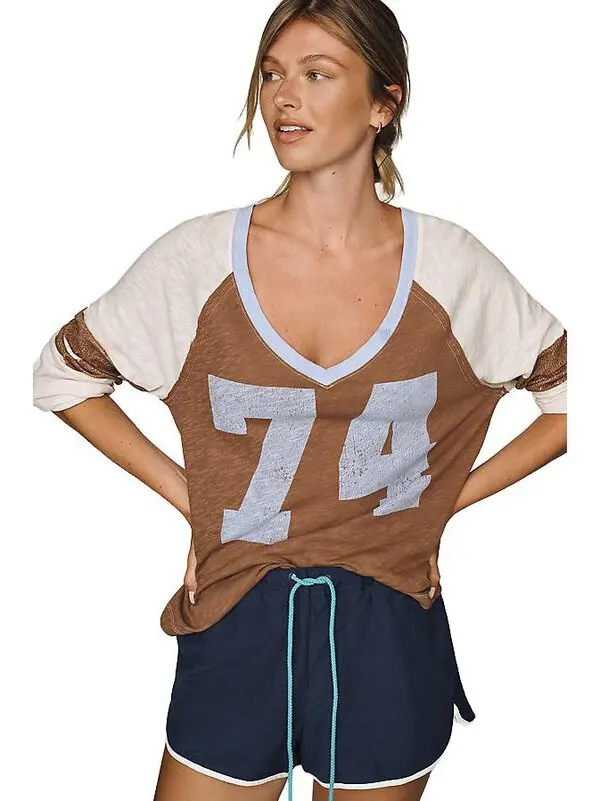 PILCRO Cotton Slub Varsity Top - Brown Pattern