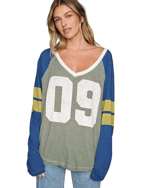 PILCRO Cotton Slub Varsity Top - Green Pattern