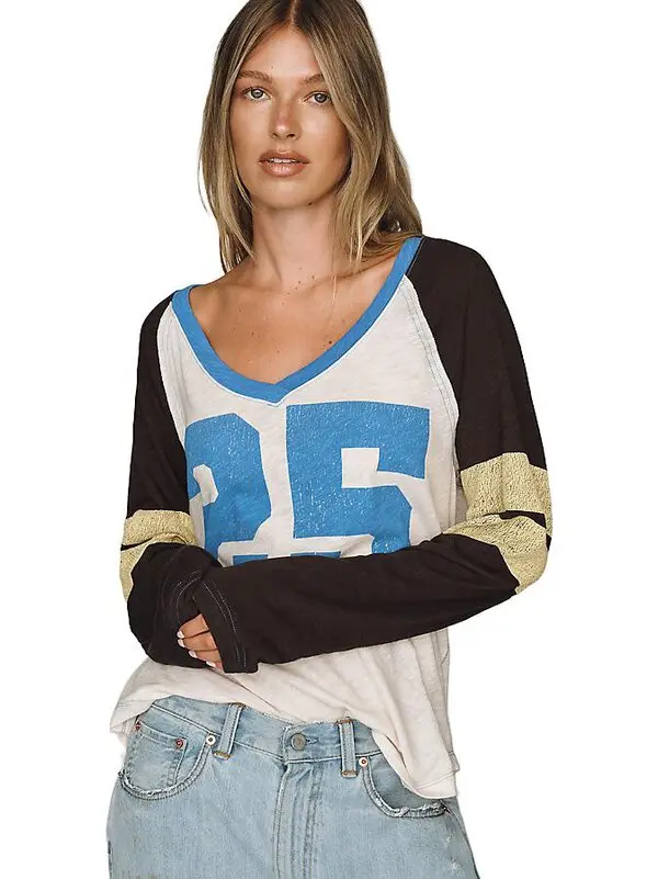 PILCRO Cotton Slub Varsity Top - Ivory Pattern