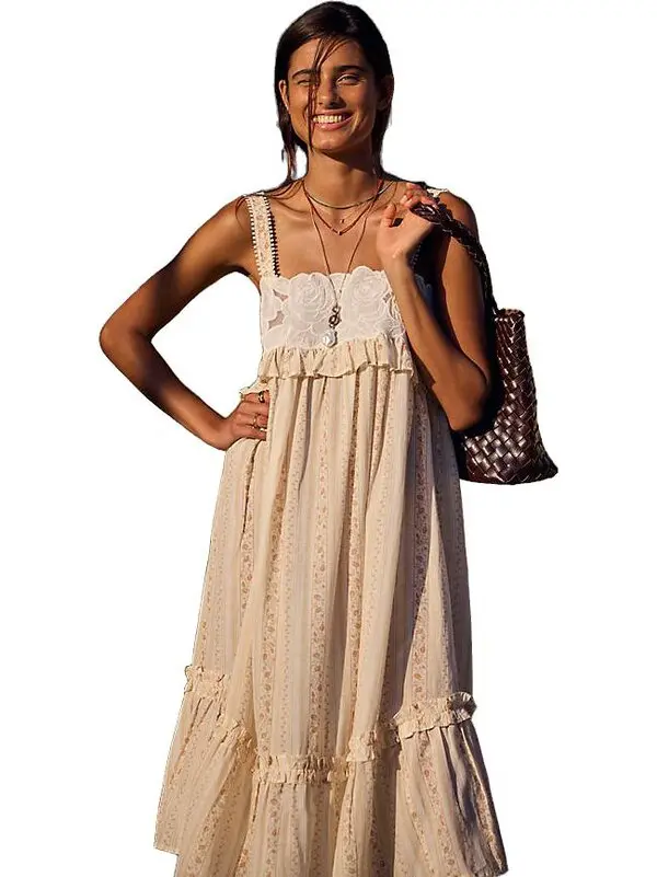LYREBIRD Babydoll Midi Dress With Tiered Skirt And Ruffle Detailing - Ivory Pattern