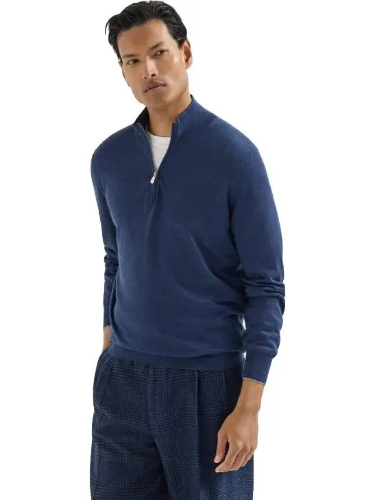 Brunello Cucinelli Zip Neck Sweater In Cashmere, Silk, And Linen - Light Grey