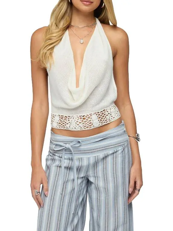 EDIKTED Ennis Crochet Waist Knit Halter Top - Cream