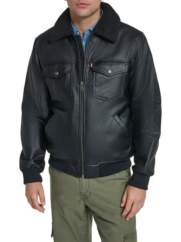 LEVI'S Faux Leather Bomber Jacket With Faux Shearling Collar - Black