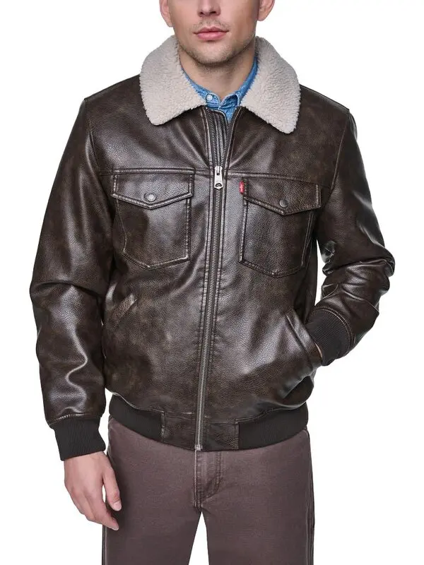 LEVI'S Faux Leather Bomber Jacket With Faux Shearling Collar - Brown