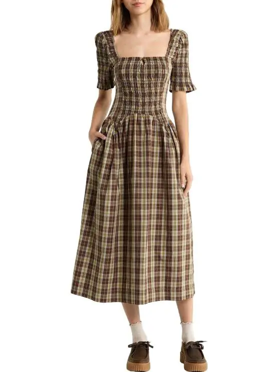 DAMSON MADDER Checked Organic Cotton Midi Dress - Cocoa