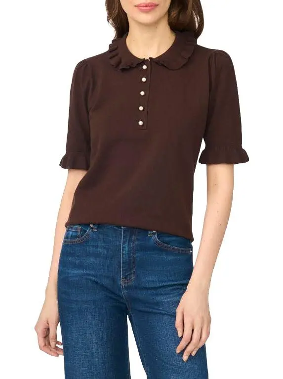 CECE DUPRAZ Ruffle Collar Short Sleeve Polo Sweater - Coffee Bean