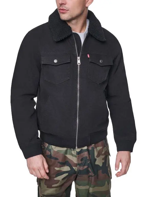 LEVI'S Cotton Aviator Bomber Jacket With Faux Shearling Collar - Black