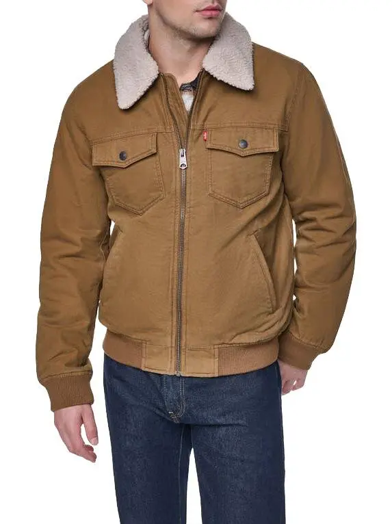 LEVI'S Cotton Aviator Bomber Jacket With Faux Shearling Collar - Brown