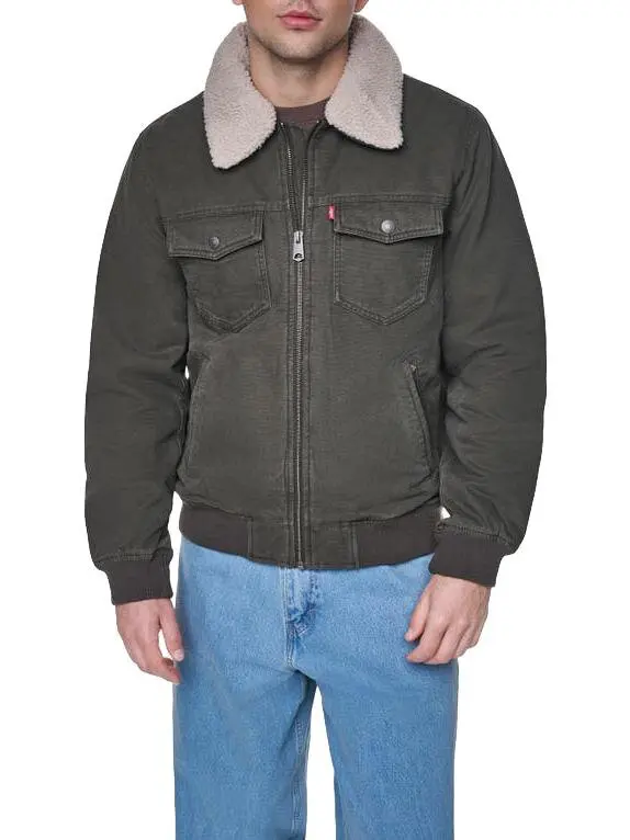LEVI'S Cotton Aviator Bomber Jacket With Faux Shearling Collar - Olive