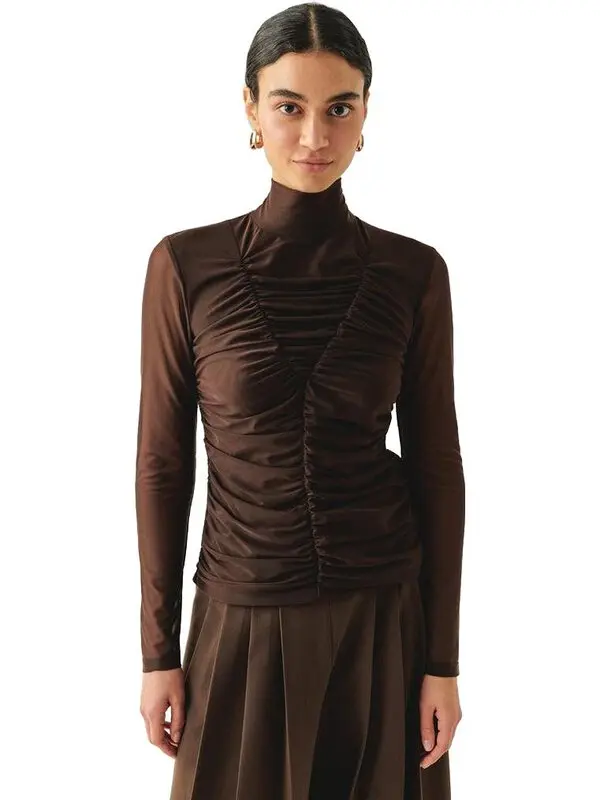 EXQUISE Draped Mesh Turtleneck Blouse - Brown
