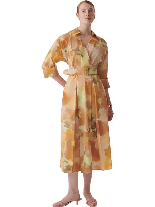 EXQUISE Watercolor Belted Midi Dress - Yellow Patterned