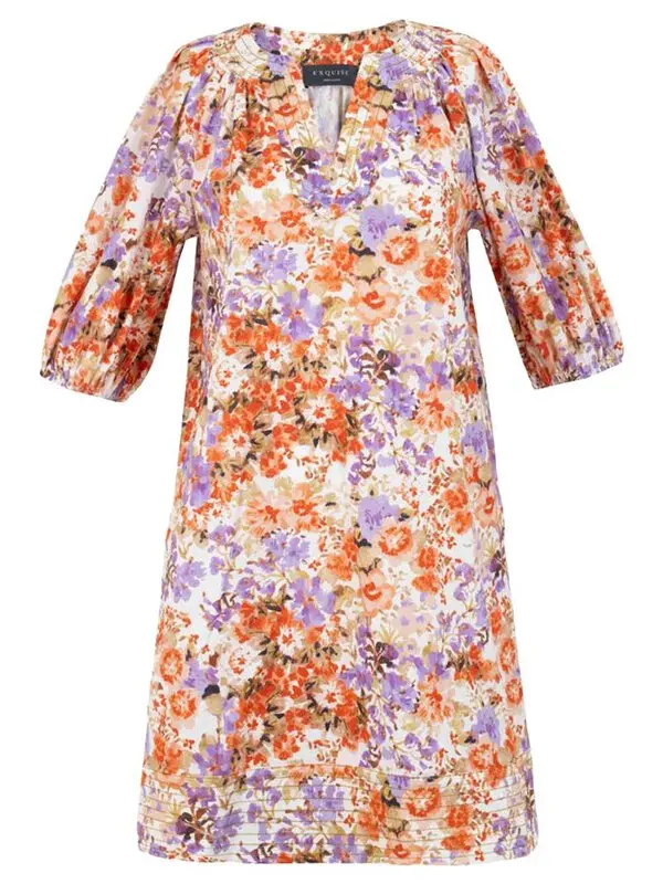 EXQUISE Jayleen Mini Dress With Floral Print - Orange Patterned