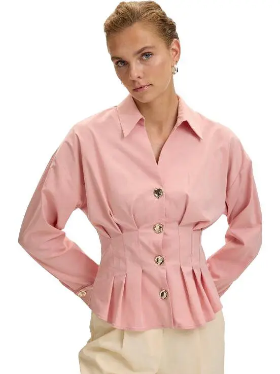 EXQUISE Pleated Fitted Waist Cotton Poplin Shirt - Pink