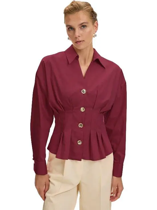 EXQUISE Pleated Fitted Waist Cotton Poplin Shirt - Red