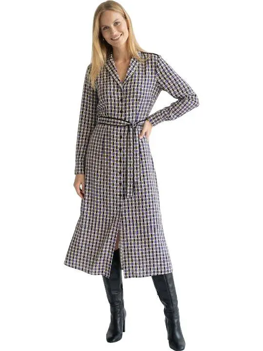 EXQUISE Long Sleeve Geometric Print Midi Shirt Dress With Waist Detail - Black