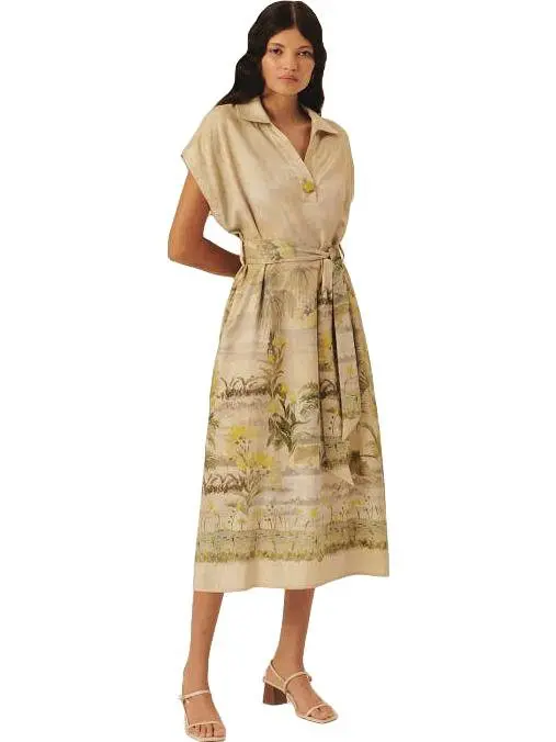 EXQUISE Matilda Midi Dress With Drop Shoulder And Belted Waist - Multi Color