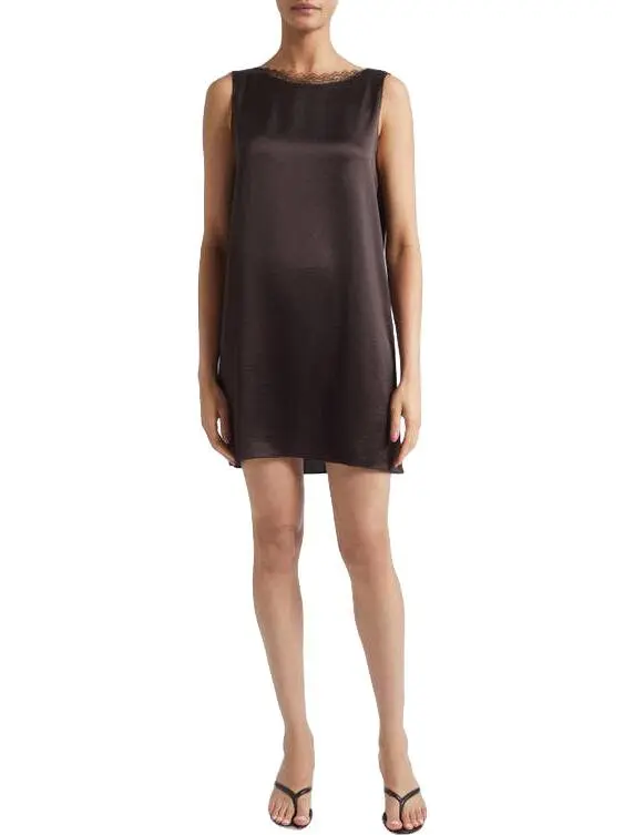 LESET Barb Lace Detail Satin Mini Dress - Chocolate