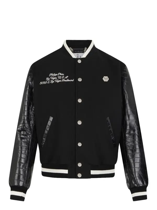 Philipp Plein Varsity Bomber Jacket With Crocodile-embossed Sleeves - Black