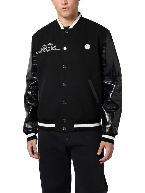 Philipp Plein Varsity Bomber Jacket With Crocodile-embossed Sleeves - Black