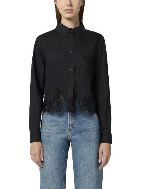 Philipp Plein Cropped Cotton Poplin Shirt With Lace Detail - Black